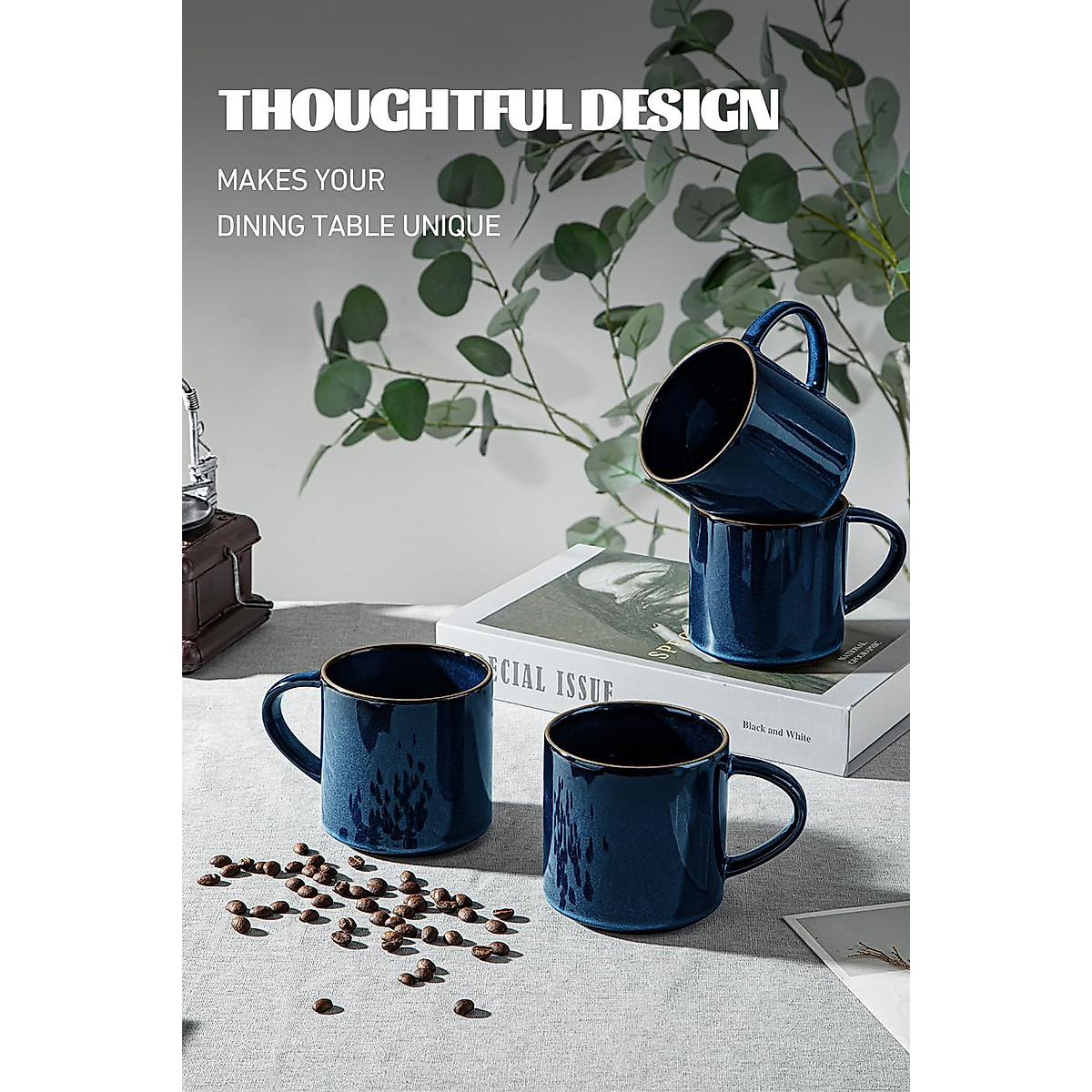 famiware Nature Coffee Mugs Set of 4, 14 oz Coffee Mug Set, Coffee Cups with Handle for Coffee, Tea, Cocoa and Milk, Microwave and Dishwasher Safe, Midnight Blue