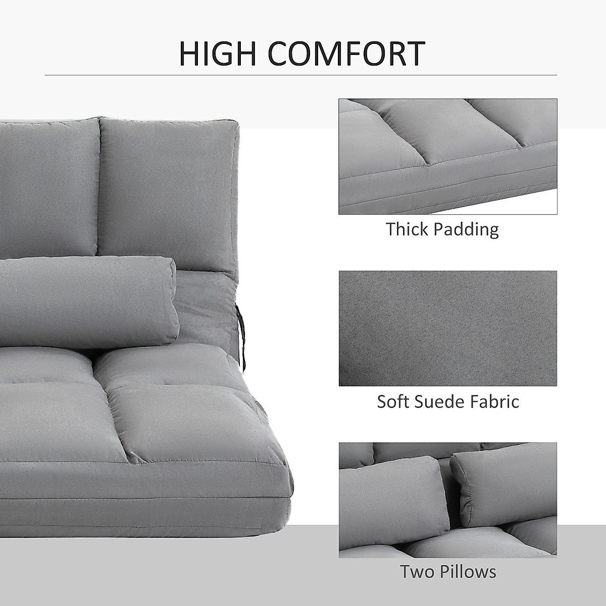 HOMCOM Convertible Floor Sofa Chair, Folding Couch Bed, Guest Chaise Lounge with 2 Pillows, Adjustable Backrest and Headrest, 40.25" L, Light Gray