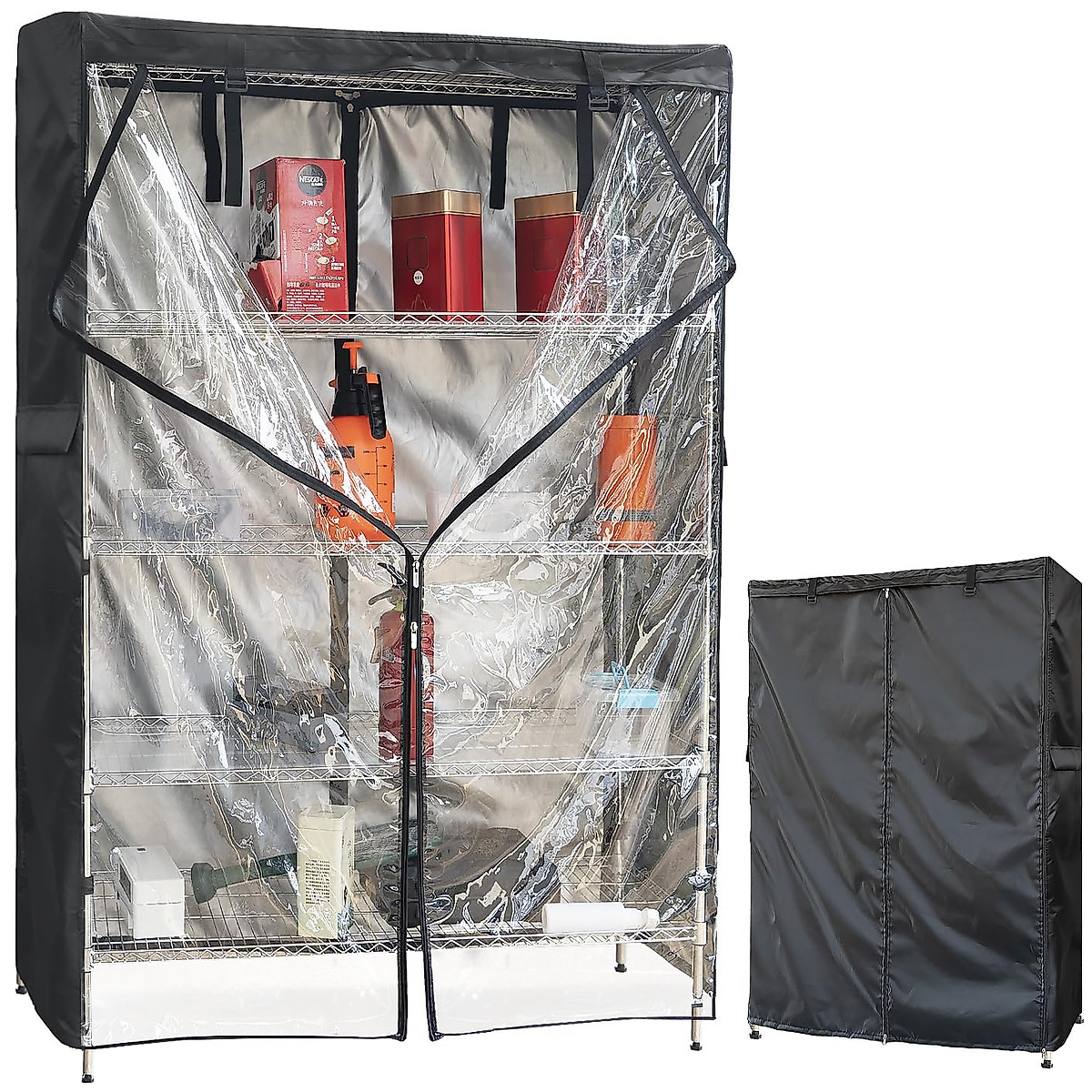 Dalema Wire Shelf Cover,600D Heavy Duty Waterproof Dustproof Standing Shelf Units Cover,Outdoor Storage Rack Cover with Zipper for Metal Shelving(Black with clear front,48x19x72 Inch)