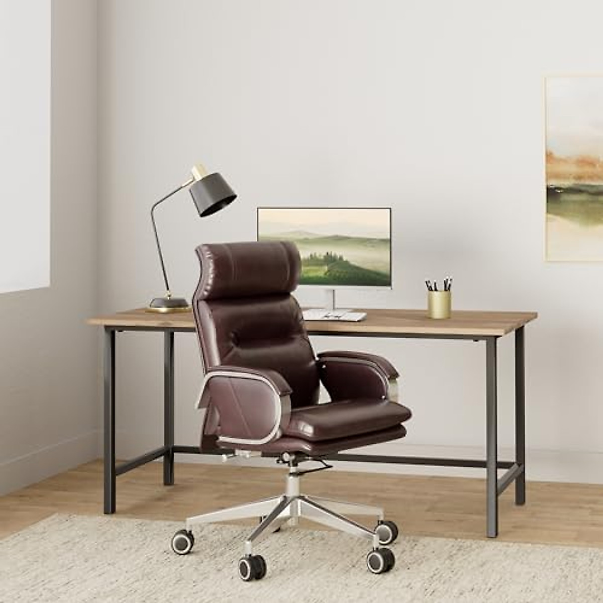 HUAUR Genuine Leather Modern Executive Chair High-Back Support 90 to 150 Degrees Tilt and Upholstered Home Desk Chair with Base 400LB Capacity Swivel Computer Office Chair (Brown)