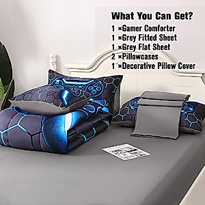 JQinHome Full Gamer Comforter Set,6 Piece Bed in A Bag 3D Video Game Bedding -All Season Down Alternative Gamer Bedding Sets - (Blue Game Controller)
