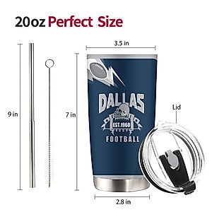 Custom Dallas Tumbler 20oz Stainless Steel with Lid & Straw Personalized Football Fans Gifts for Women Men Travel Cup Insulated Tumbler Add Name Number