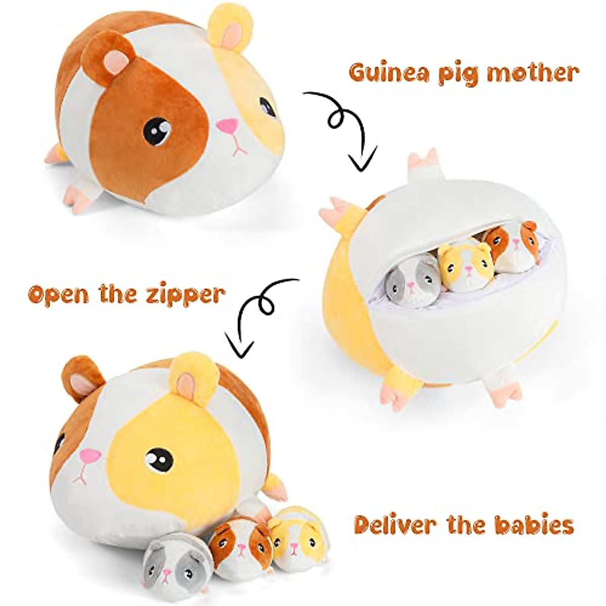 14inch Guinea Pig Stuffed Animals, Mama Hamster Plushie Pillow with 3 Cute Babies Guinea Pig Mouse Plush Toys, Birthday Christmas Surprise Gifts for Kids Girls Boys