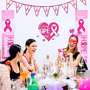 12 Pieces Pink Ribbon Hanging Banner Breast Cancer Awareness Banner Decorations Hope Faith Strength Courage Banner Porch Sign Background for Party Breast Cancer Awareness Event