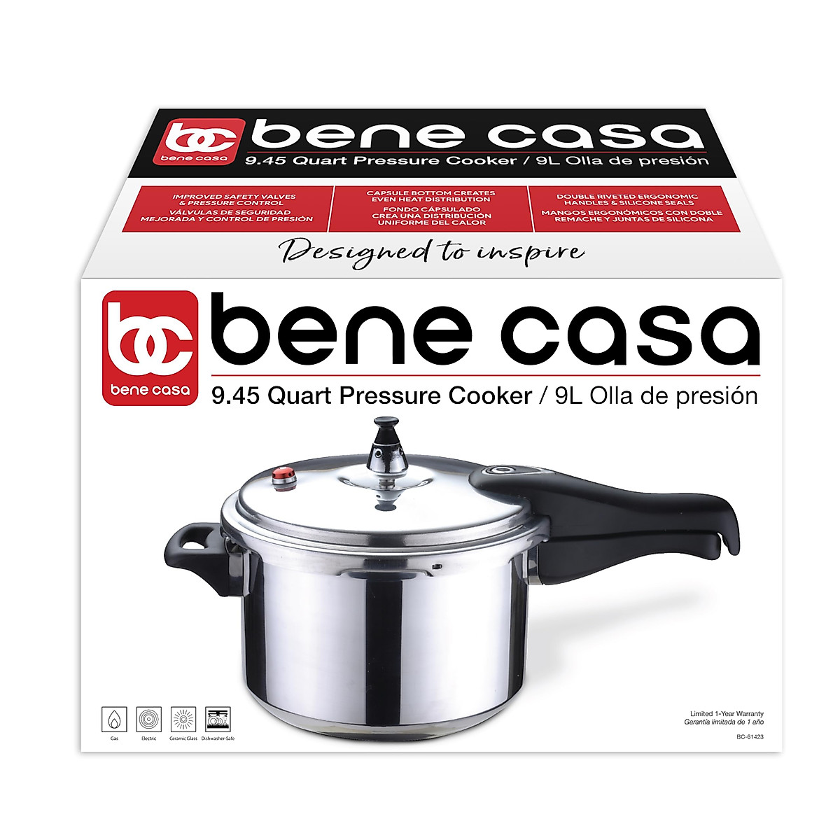Bene Casa 61423 Aluminum Pressure Cooker 9.45 Quart 9 Liter