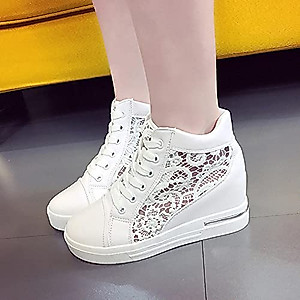 Hbeylia Platform Hidden Heels Fashion Sneakers For Women Fashion Lace Crochet Lace Up Chunky Bottom High Heels High Top Skateboard Canvas Shoes Casual Leather Walking Slip On Loafers Work Shoes