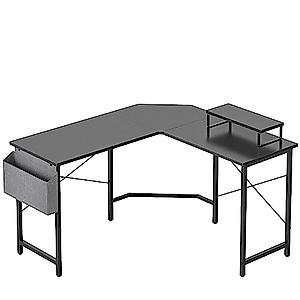 CubiCubi L Shaped Gaming Desk, 47.2 inch Computer Corner Desk with with Carbon Fiber Surface and Monitor Shelf for Home Office Study Writing Workstation, Black