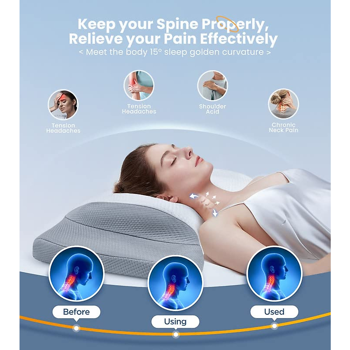 Gadole 8X Support Side Sleeping Pillow for Neck Pain Relief, Adjustable Cervical Fit Shoulder Perfectly, Ergonomic Contour Memory Foam Pillows with Armrest Area, Bed Back Stomach Grey Queen