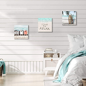 TAR TAR STUDIO Beach Coastal Canvas Wall Art: Seashore Artwork Surfboard Picture Seascape Painting for Living Room (12" x 12" x 3 PCS, Multiple Sizes)