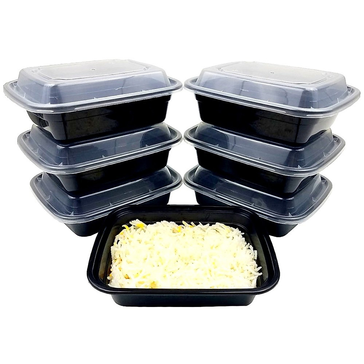 PACTOGO 12 oz. Rectangular Microwaveable Black Plastic Disposable Food Storage Container with Lids - BPA Free (Pack of 25 Sets)