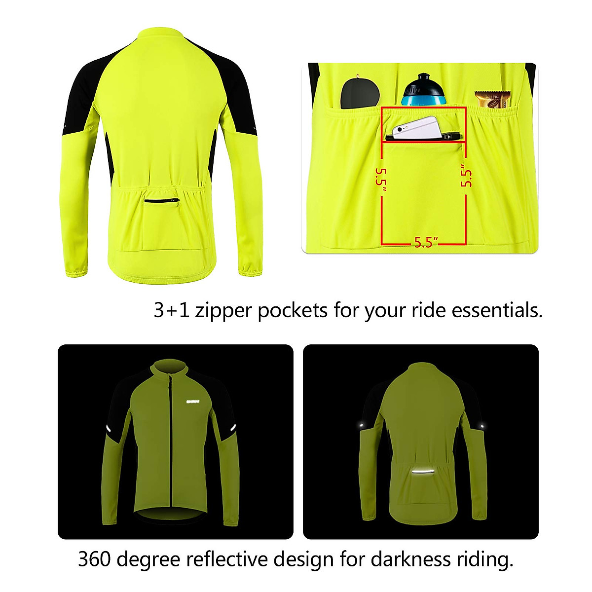 BERGRISAR Cycling Jersey Mens Long Sleeves Mountain Bike Shirts with Zipper Pockets Yellow Size Medium