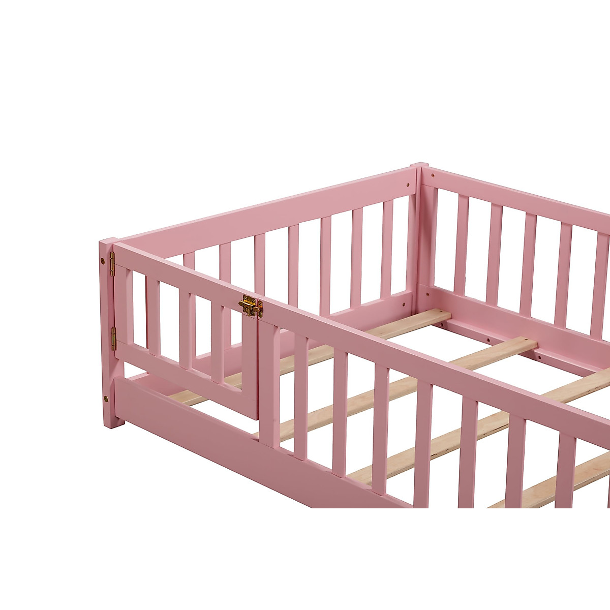 Brafab Montessori Floor Bed with Safety Guardrails and Convertible Door, Twin Size Solid Pine Wood Floor Bed Frame with Slats, Full Length Fence for Girls, Boys, Child Bedroom, Kids Playroom (Pink)