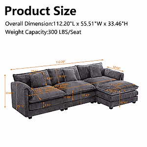 112.2" L Shaped Sectional Sofa, Modern Modular Cloud Couch with Movable Ottoman, 3 Seat Couches for Living Room, Apartment, Grey Chenille