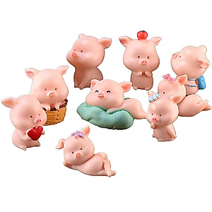 MAOMIA Miniature Pig Figurines, Cute Pink Piggy Toy Figures Cupcake Toppers for Fairy Garden Car Party Decor(Pack of 9)