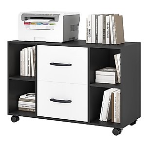 soges 2 Drawer Mobile Lateral File Cabinet, Office Filing Cabinet, Rolling Storage Cabinet, Printer Stand with Open Storage Shelves and Wheels, Black and White, CXWL-FC08BW