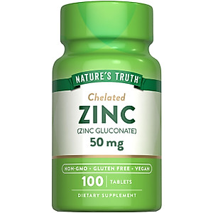 Nature's Truth Chelated Zinc 50mg | 100 Tablets | Essential Mineral Supplement | from Zinc Gluconate | Vegetarian, Non-GMO, Gluten Free