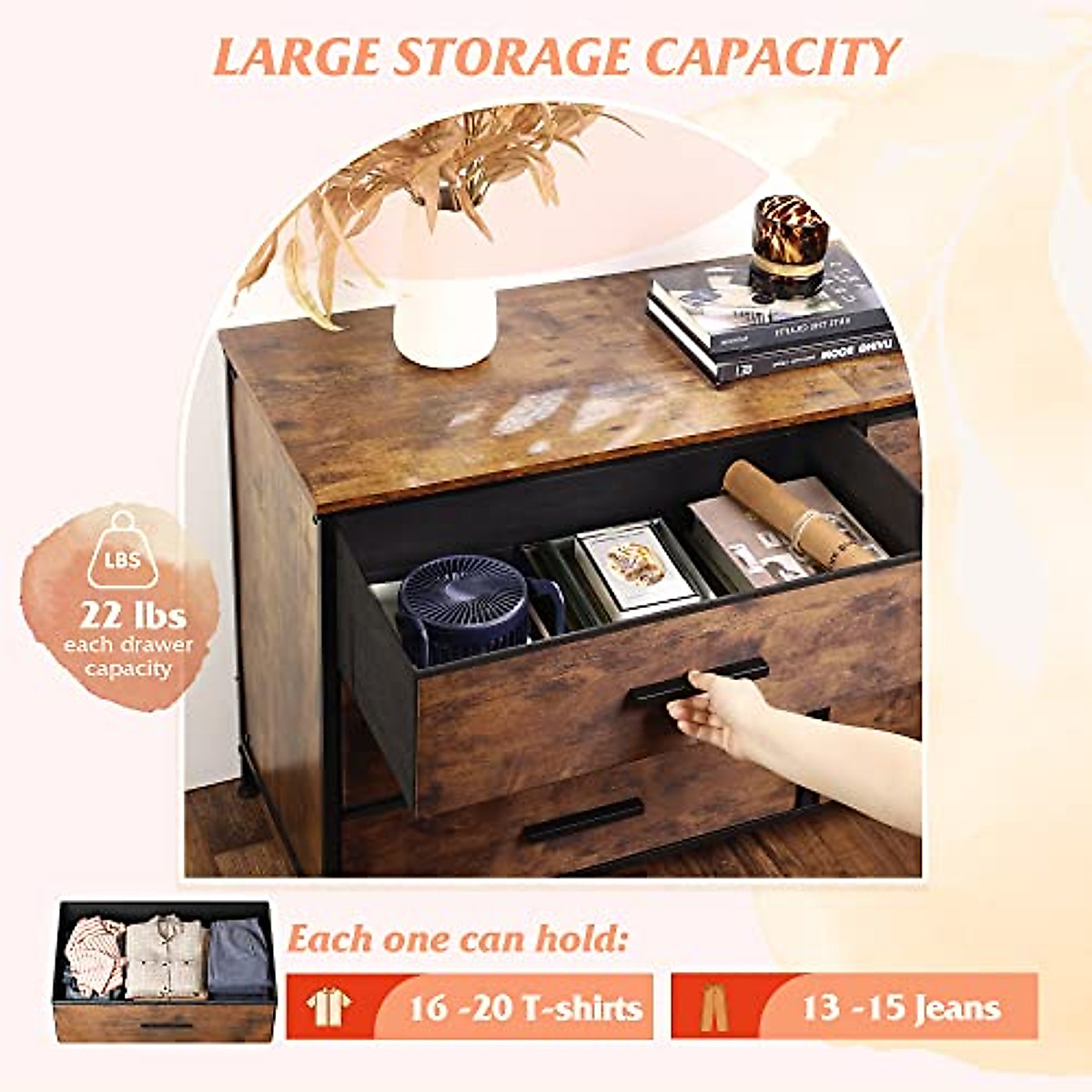 WLIVE Wide Dresser with 6 Drawers, TV Stand for 60" TV, Fabric Double Dresser, Large Storage Tower Unit, Chest of Drawers for Bedroom, Closet, Living Room, Hallway, Nursery, Rustic Brown