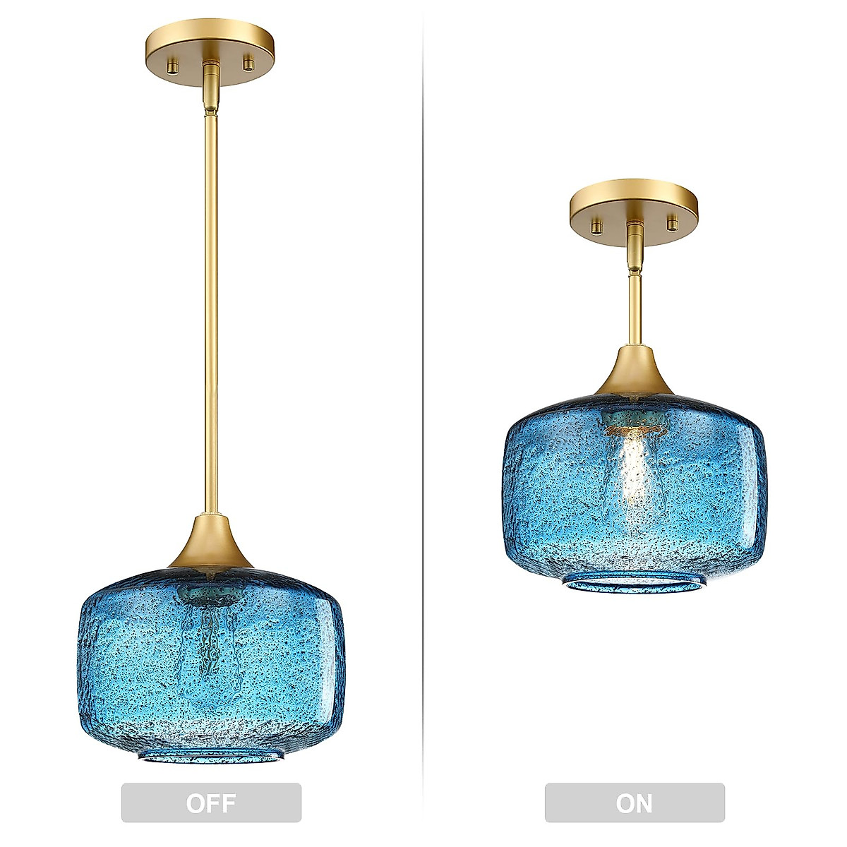 1 Light Hanging Indoor Kitchen Island Pendant Light 7.75" Ancient Seeded Glass Pendant Ceiling Light Fixtures Modern Farmhouse Dinning Over Sink Hallway (Blue Glass, 1 Pack)