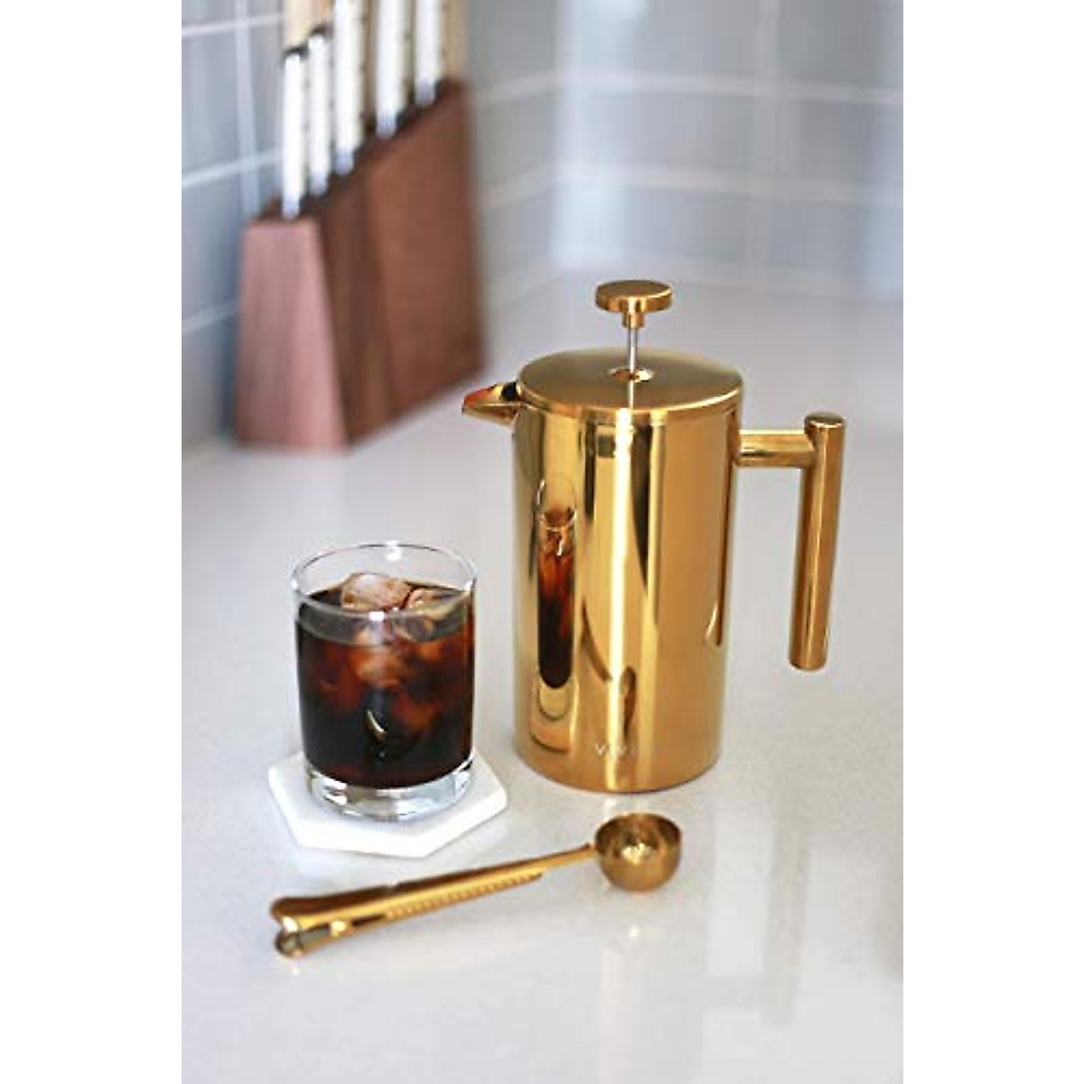 Vivine French Press Stainless Steel Double Walled Insulated Large 1L / 4 Cups of Coffee Lavish Gold Mirror Finish With Coffee Grounds Scoop 1 Tablespoon Dishwasher Safe