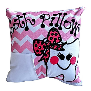 Bunnies and Bows Tooth Fairy Pillow with Tooth Fairy Dust and Poem - Tooth with Bow on Chevron Print (Pink)