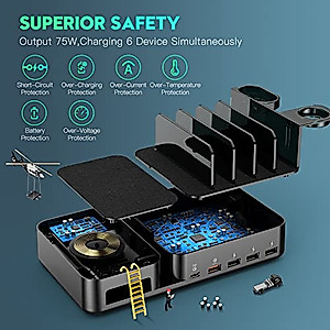 Wireless Charging Station for Multiple Devices, 75W 5 Ports USB Charging Station with PD USB-C & QC 3.0 Ports and Wireless Charging Pad,7 Short Charging Cables Included for iPhone iPad,Tablets