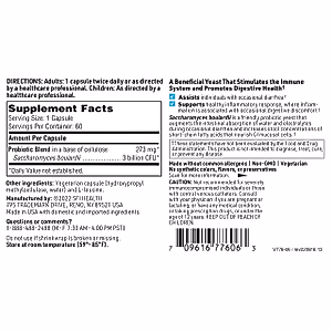 Klaire Labs Saccharomyces Boulardii - Probiotic Supplement to Help Support Healthy Yeast Balance, Immune & Digestive Health - Acid Resistant, Shelf-Stable, Hypoallergenic & Dairy-Free (60 Capsules)