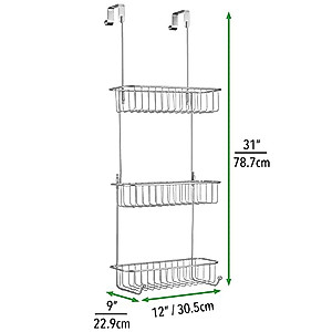 mDesign Metal Over Shower Door Caddy, Hanging Bathroom Storage Organizer Center with Built-In Hooks and Baskets on 3 Levels for Shampoo, Body Wash, Loofahs - Chrome
