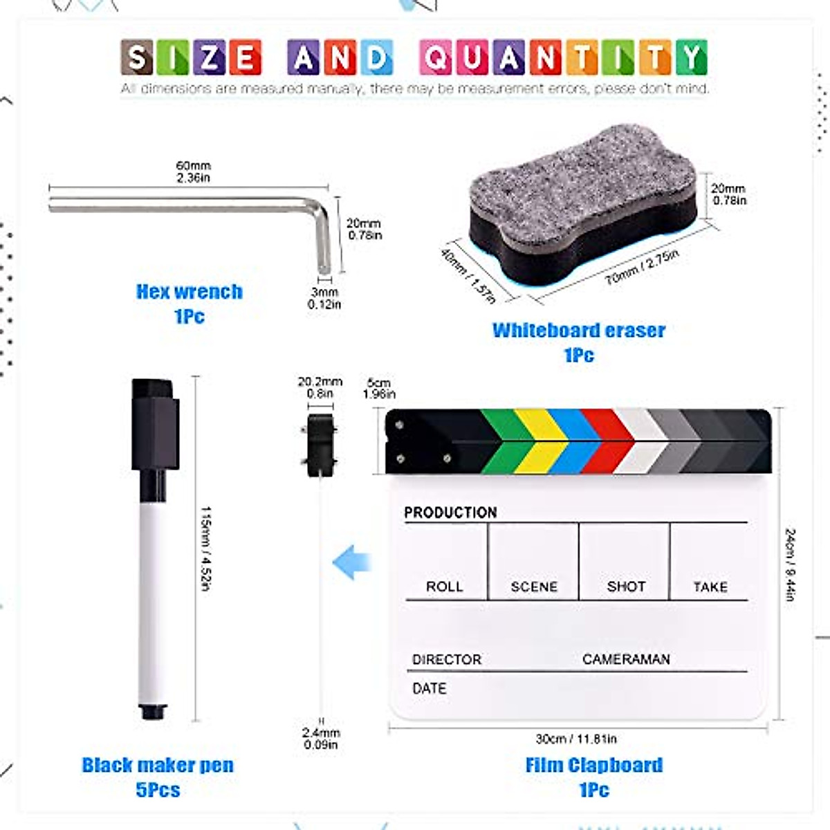 Glarks 8Pcs 10x12inch Colorful Acrylic Film Directors Clapboard Set, Plastic Film Clapboard Cut Action Scene Clapper Board with 5 Marker Pens, Hex Wrench and Blackboard Eraser