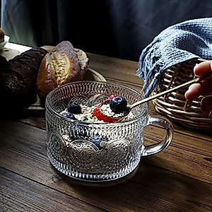 4 Pcs Vintage Glass Coffee Mugs, Overnight Oats Containers with Lids and Spoons, 14oz Clear Glass Tea Cups, Cute Coffee Bar Accessories, Iced Coffee Glasses, Ideal for Cappuccino, Tea, Latte, Oats