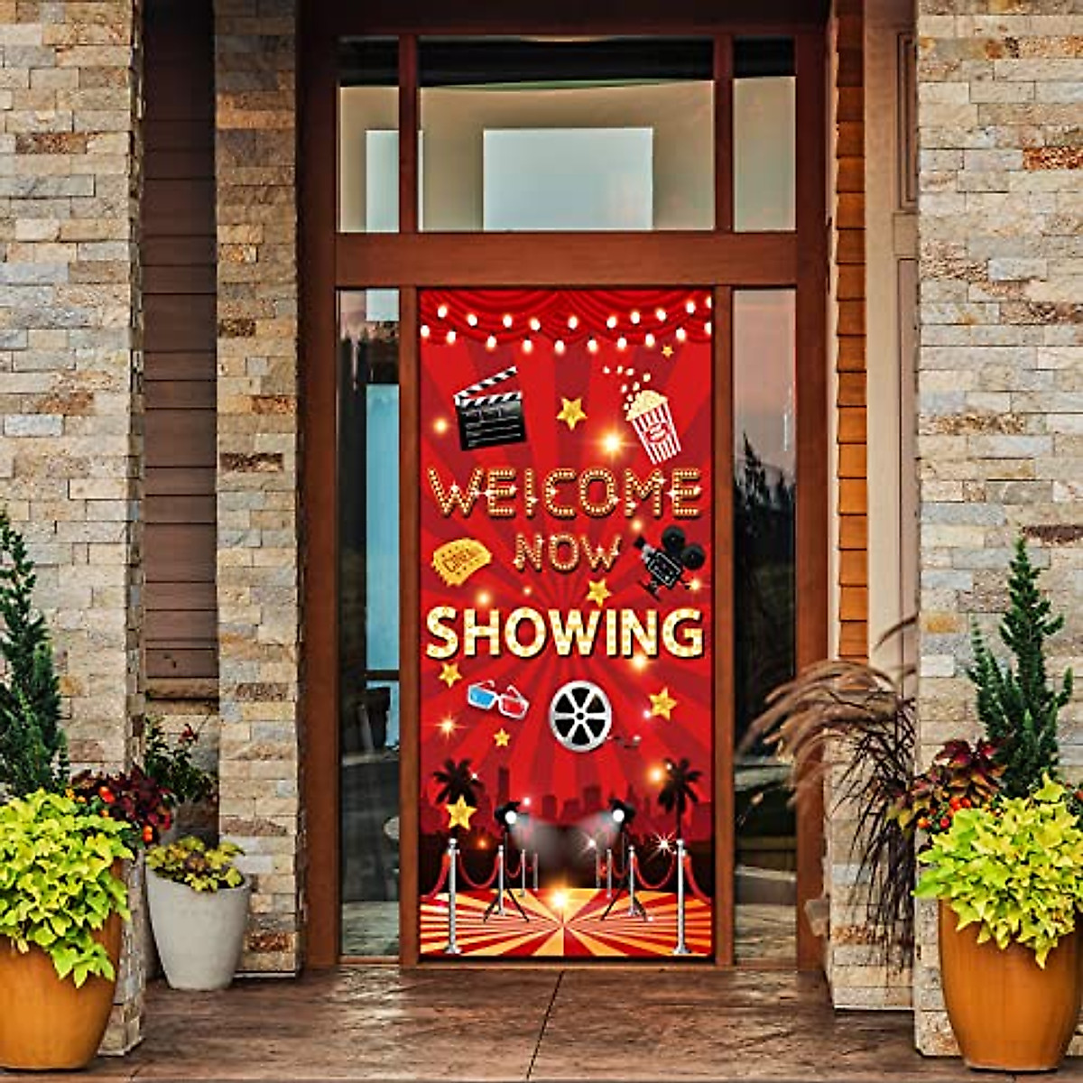 Movie Night Party Door Cover Sign Movie Theme Party Decorations Theater Movie Night Supplies Welcome Now Showing Movie Night Party Backdrop for Wedding Theater Birthday Accessory, 71 x 35.4 Inches