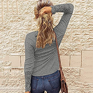 Womens Fall Tops,Long Sleeve Sexy Lace V-Neck Henley Shirts Casual Slim Fit Button Up Crochet Knit Pullover Blouses Gray