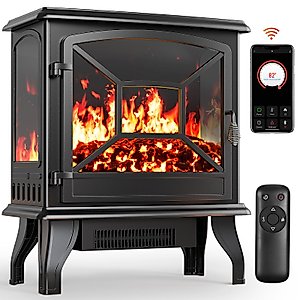 Silonn Electric Fireplace Heater, 5300 BTU Portable Fireplace with App & Remote,24-inch Low Noise Electric Fire Place with 5 Brightness Levels, Temp Control & Timer for Living Room, Bedroom, Black