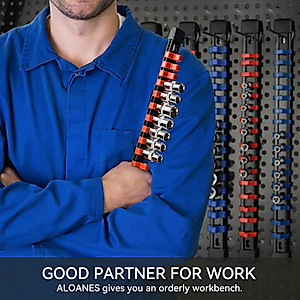 ALOANES 9PC ABS Socket Organizer, 1/2 inch, 3/8 inch and 1/4 inch Drive Socket Rail Holders, Heavy Duty Socket Racks, Black Rails with Red Blue Black Clips