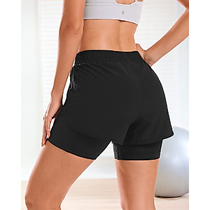 Stelle Women 2 in 1 Running Shorts High Waisted Athletic Shorts Gym Workout Shorts with Liner Zipper Pockets (Black, M)