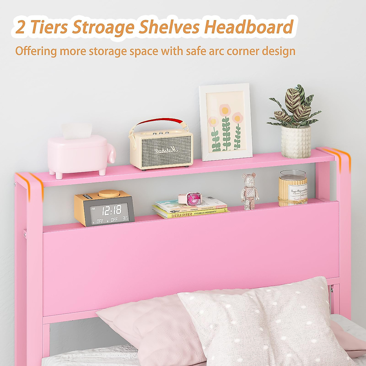 Weehom Twin Bed Frames for Kids with 2 Tiers Wood Storage Shelves Headboard, Twin Size Bed No Box Spring Needed Under Bed Storage Space Metal Platform for Girls and Adults, Pink