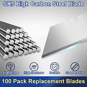 JETMORE 100 Pack Utility Knife Blades, Box Cutter Blades with Dispenser, SK5 High Carbon Steel Heavy Duty Utility Knife Replacement Blades, Standard Size Sharp Blades for Most Box Cutter