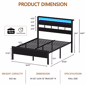 Furnulem Full Size Bed Frame with LED Light and Charging Station, Storage Headboard with 2-Tier Shelves, Metal Platform Bed with Heavy Duty Slats Support, No Box Spring Needed, Black Oak