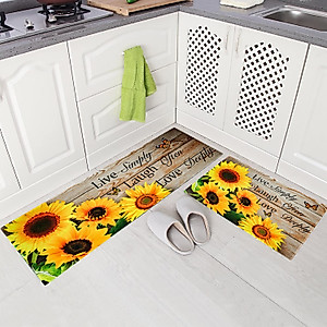 Sunflower Kitchen Rugs and Mats Yellow Sunflower on The Wooden Kitchen Decor Farmhouse Anti Fatigue Mat Non Skid Washable Standing Mat Live Laugh Love Kitchen Rugs17x30+17x47inch