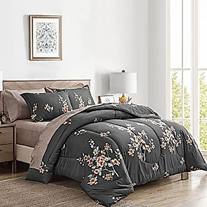 7 Pieces Bed in a Bag King Comforter Set with Sheets, Dark Grey Floral Design Soft Microfiber Bedding Sets for All Season (1 Comforter, 2 Pillow Shams, 1 Flat Sheet, 1 Fitted Sheet, 2 Pillowcases)