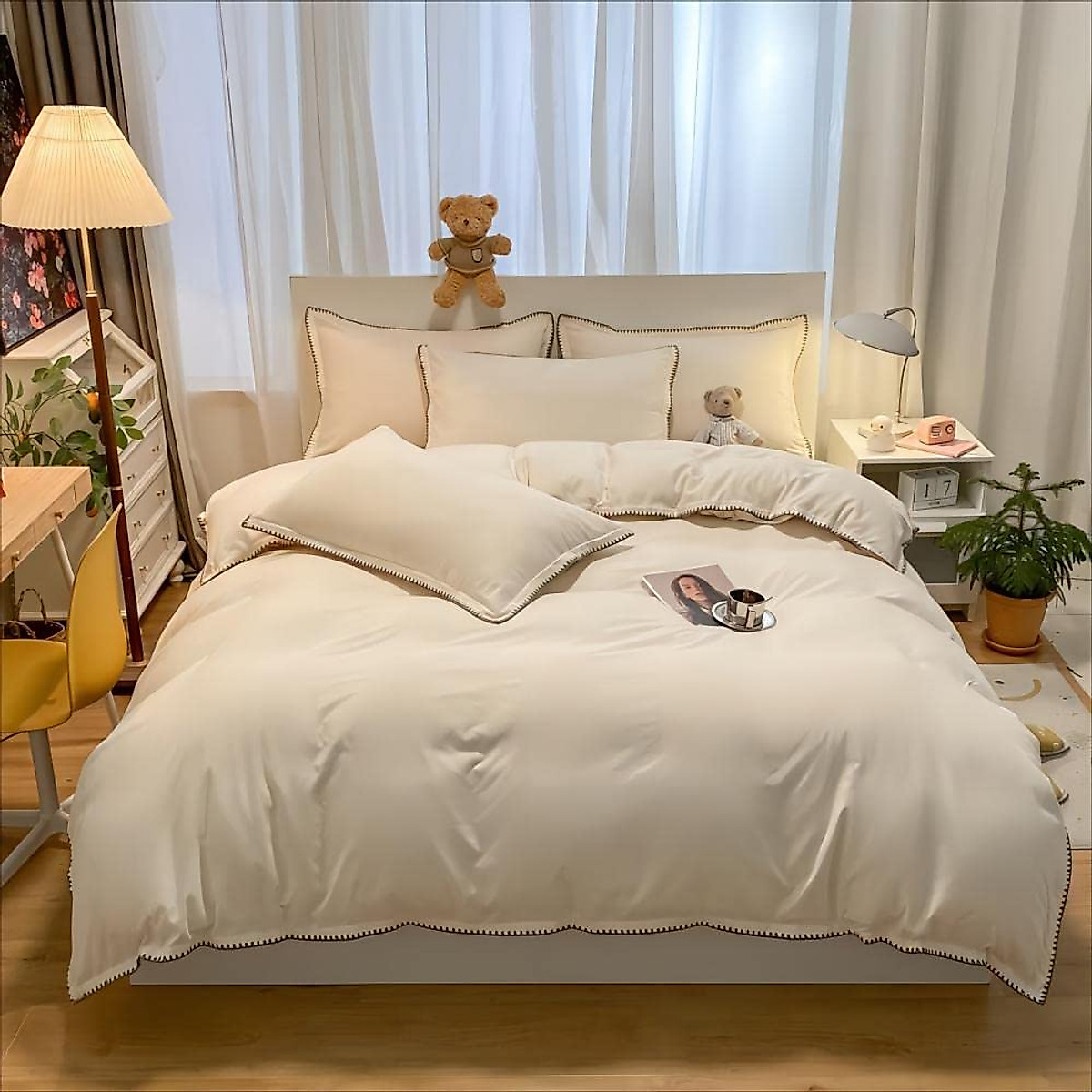 OranFran Beige Duvet Cover Set,3 Pieces Washed Microfiber Duvet Cover Set,Comforter Cover with Shell-Shaped Edge,King Bedding Set,Soft and Breathable(Beige,King/California King)