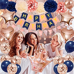 Navy Blue and Rose Gold Birthday Party Decorations for Women Girls,Happy Birthday Banner,Rose Gold Party Decorations for Women with Tissue Paper Pom,Hanging Swirls,Circle Dots Garland for Women Girls Birthday Decorations