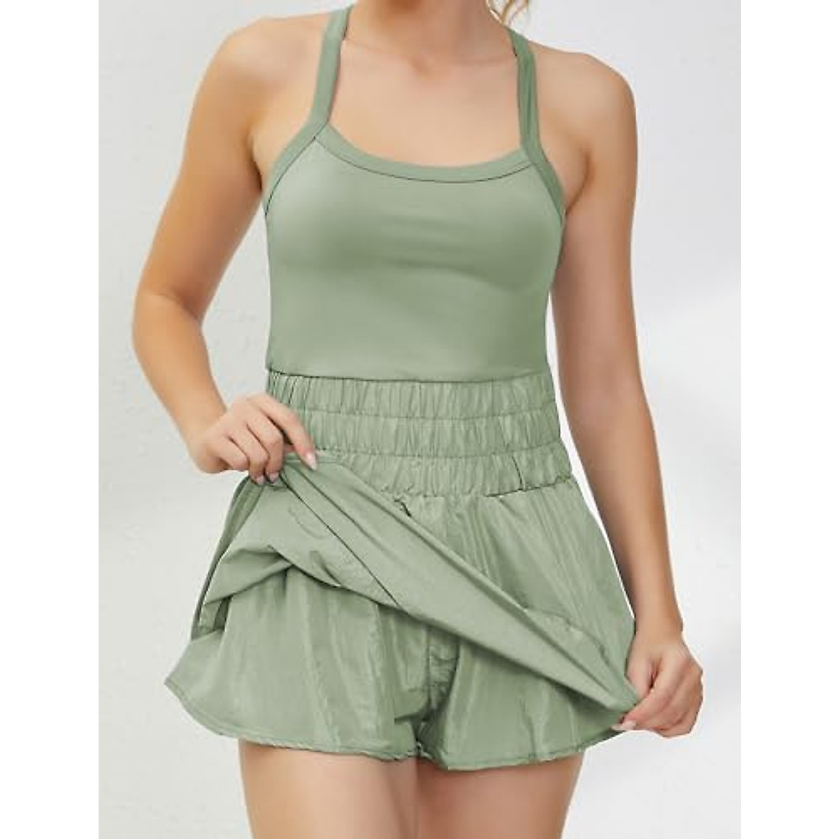 MISSACTIVER Women Tennis Dress Workout Dress with Built in Shorts Sleeveless Crisscross Backless Summer Athletic Mini Dress(Medium,Cyan)