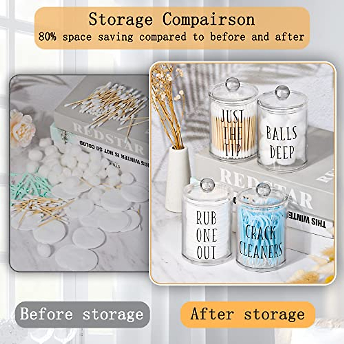 4 Pack Fun Qtip Holder Apothecary Jars with Lids,10 oz Clear Bathroom Organizer Storage for Cotton Swab, Cotton Ball, Floss and Cotton Round Pads, Cotton Ball Holder Bathroom Decor Bathroom Containers