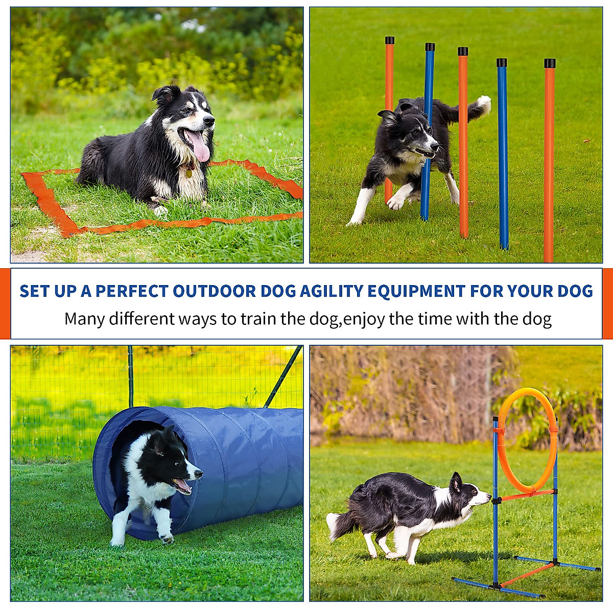 JMMPOO Dog Agility Training Equipment, 60-Piece Dog Obstacle Course Training Starter Kit Pet Outdoor Game with Tunnel, Agility Hurdle, Weave Poles, Jump Ring, Pause Box, Toy Balls and Storage Bag