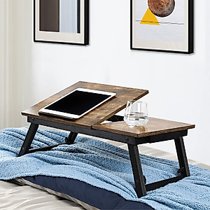 SONGMICS Laptop Desk for Bed or Sofa with Adjustable Tilting Top, Breakfast Serving Tray with Height Adjustable Folding Legs, Fits Screen Size up to 15.6 Inches, Floor Desk, Rustic Brown ULLD105B01
