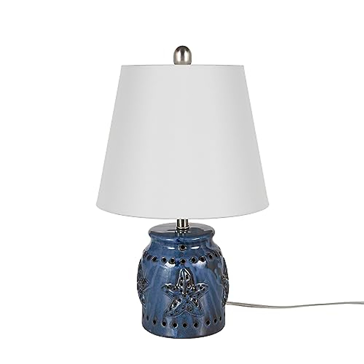 Nourison 18" Blue Coastal Starfish Engraved Ceramic Beachy Table Lamp for Bedroom, Living Room
