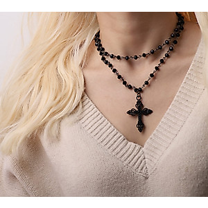 Sacina Gothic Layered Cross Necklace, Zinc Alloy Black Bead Cross Choker Necklace, Halloween Goth Jewelry Gift for Women (Layered Bead Cross)