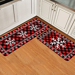 Homeown Christmas Comfort Kitchen Rug Set 2 Piece, Non Slip Cushioned Floor Mat Christmas Snowflake Winter Absorbent Carpet for Laundry Bathroom Living Room 19.7x31.5in+19.7x47.2in Red Black Plaid