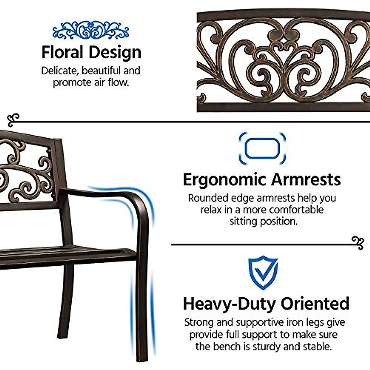 Patio Bench Park Bench, 50" Antique Powder Coated Iron Outdoor Metal Bench w/Floral Ivy Design Backrest, 400lbs Cast Iron Anti-Rust Sturdy Steel Frame Furniture for Porch Entryway Lawn Decor Deck