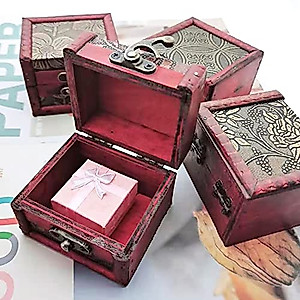 Markeny Jewelry Box Vintage Handmade Box with Mini Metal Lock, 4 Styles Pattern Wooden Rings Case Box, Square